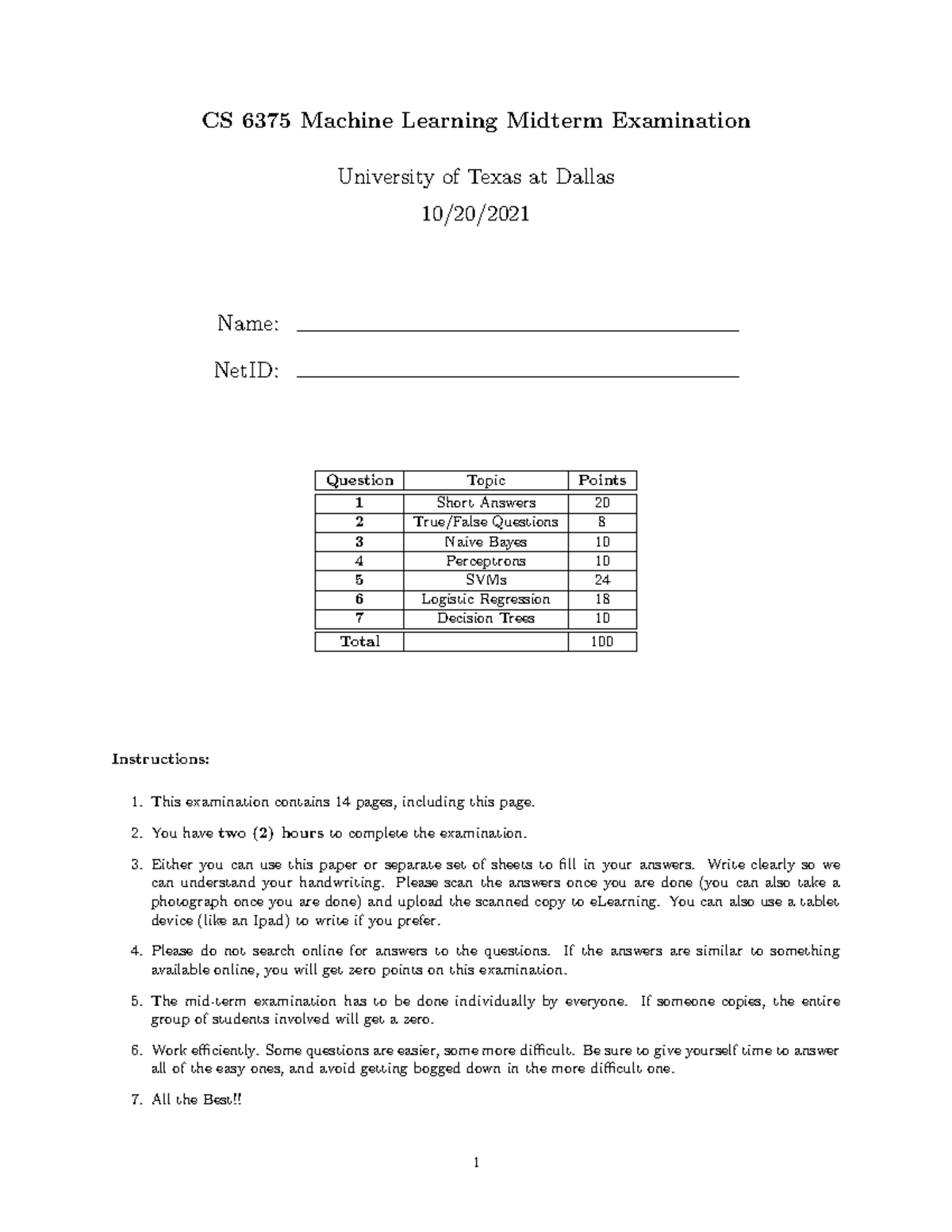 Practice Exam Solution - CS 6375 Machine Learning Midterm Examination ...
