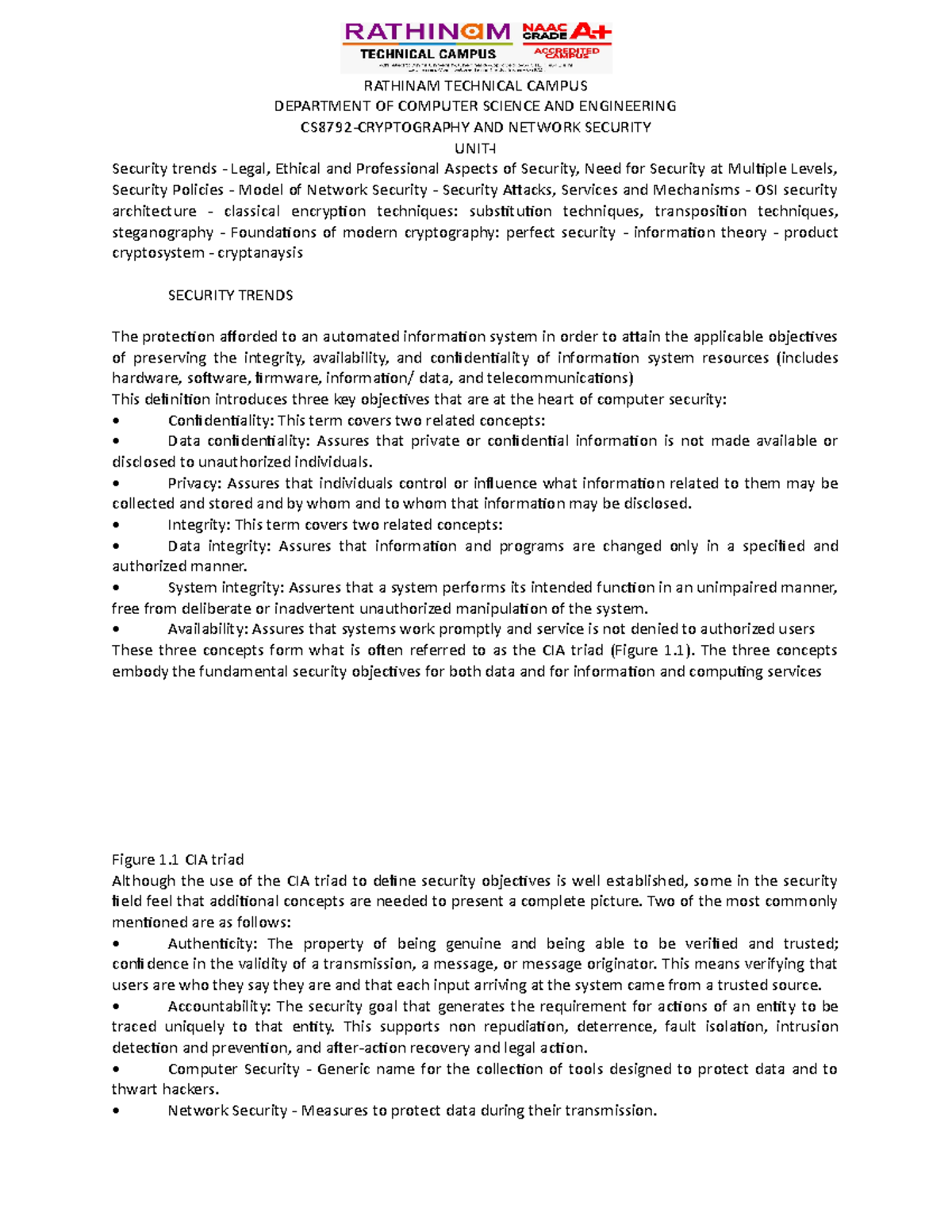 U1 - Cryptography And Network Security - RATHINAM TECHNICAL CAMPUS DEPARTMENT OF COMPUTER ...