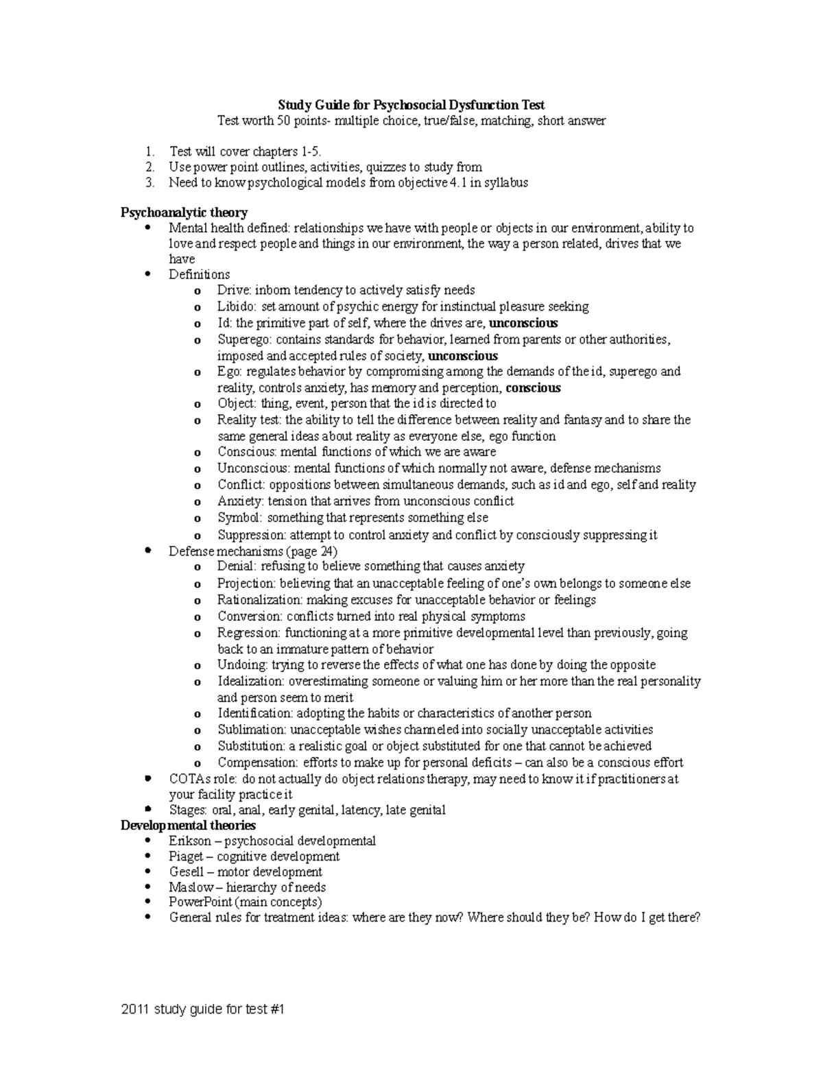 Exam 1 study guide - notes on different psychological theories/models ...