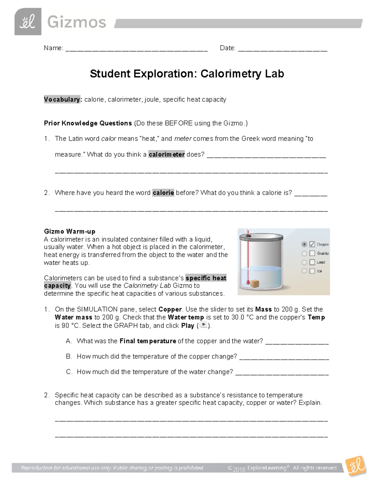 Calorimetry Lab SE - Name: ______________________________________ Date