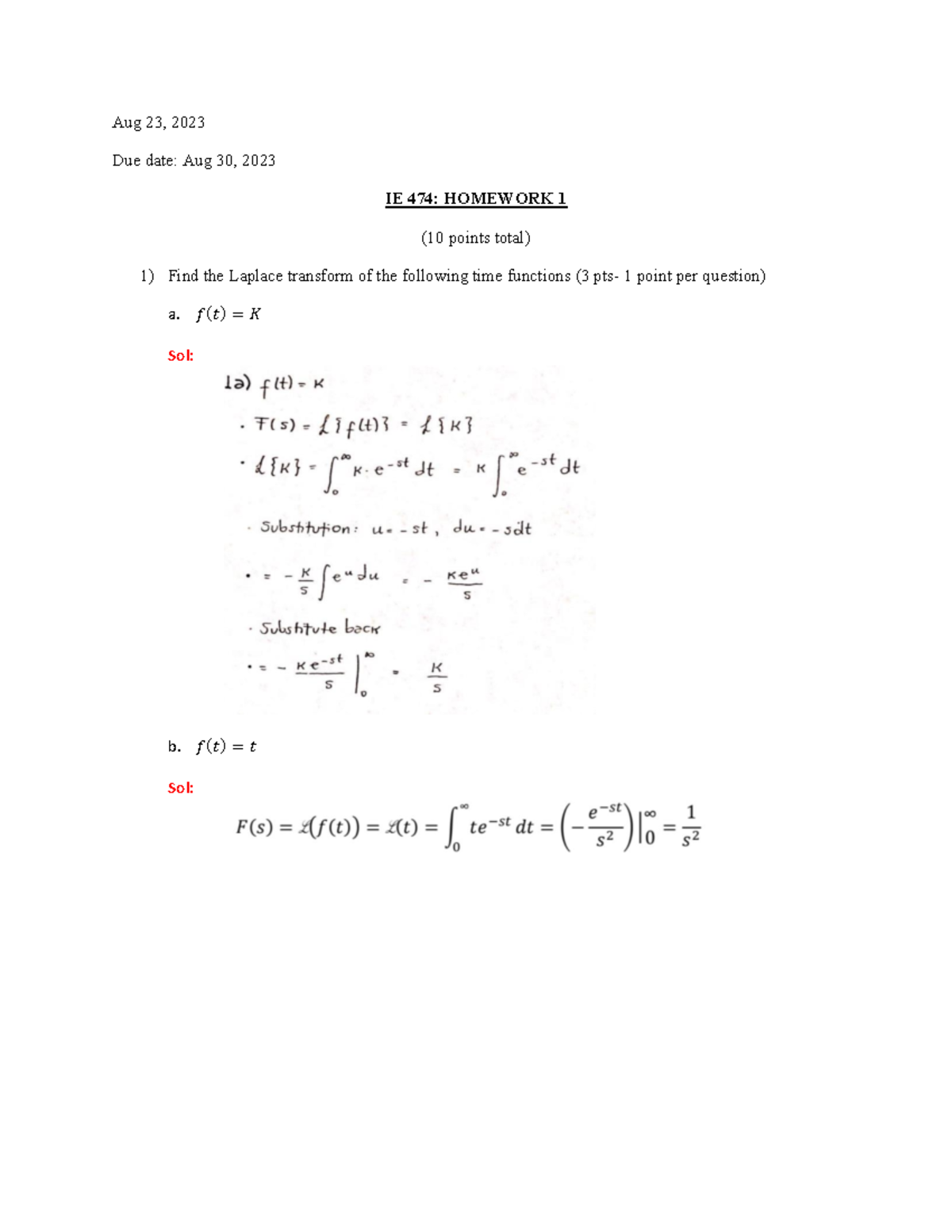 Homework 1 Sol - Aug 23, 20 23 Due date: Aug 30 , 20 23 IE 474 ...