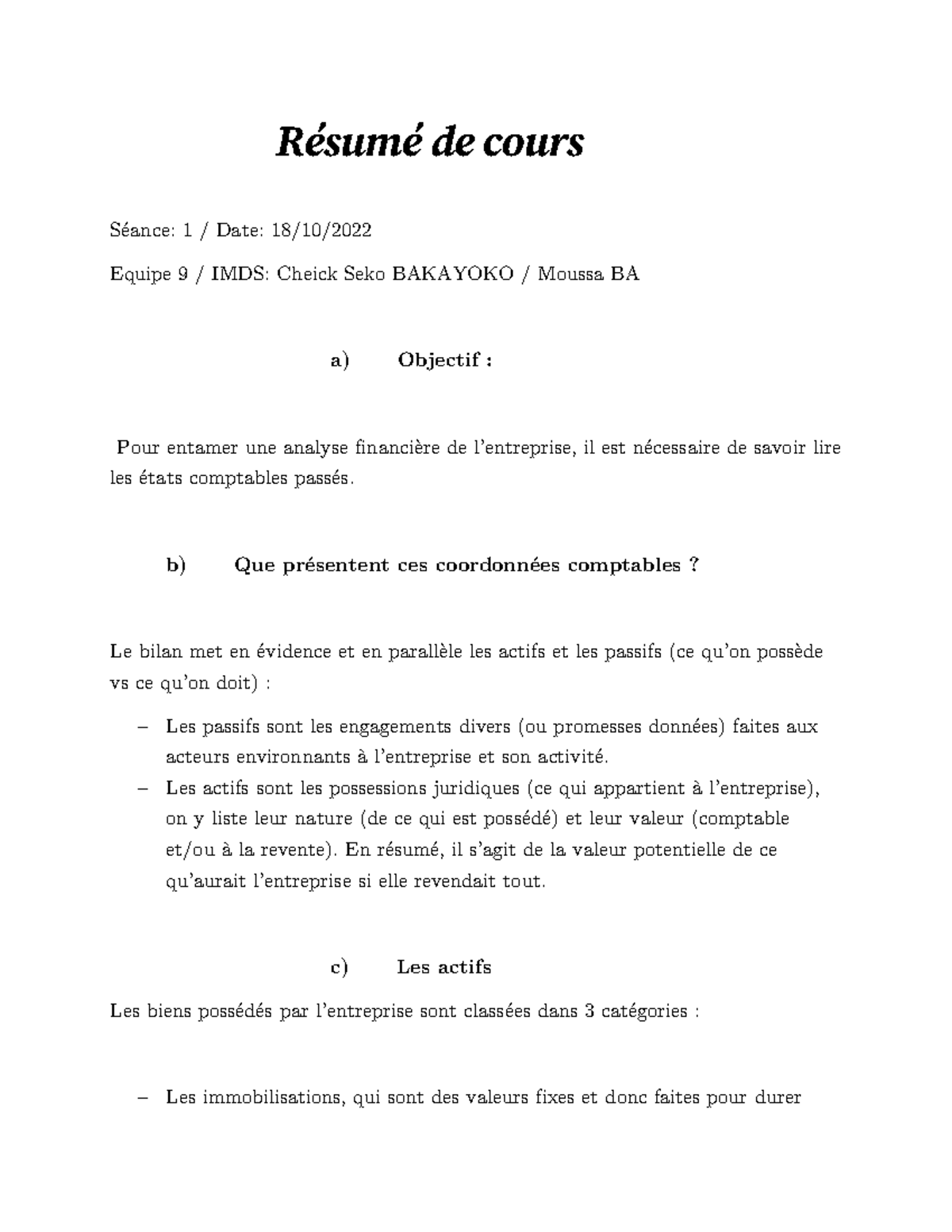 Resume - GESTION - Résumé de cours Séance: 1 / Date: 18/10/ Equipe 9 ...