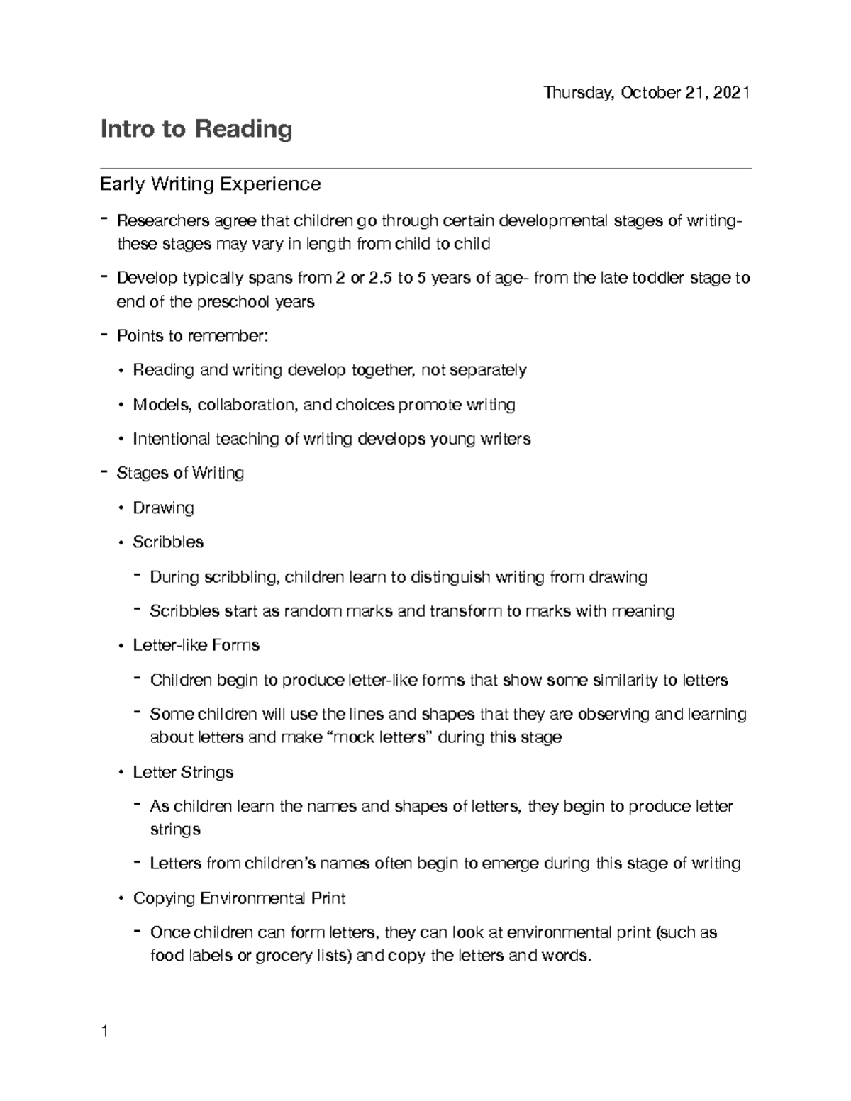 Intro to Reading: Early Writing Experience - Thursday, October 21, 2021 ...