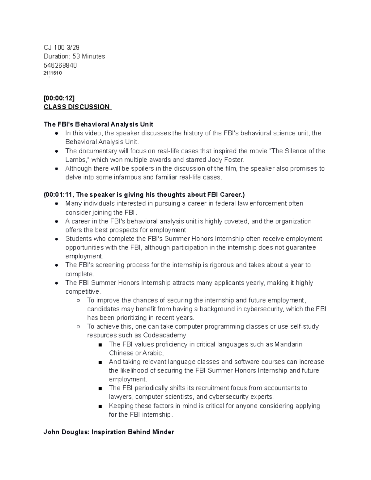 CJ 100 3 29 Summary Notes - CJ 100 3/ Duration: 53 Minutes 546268840 ...