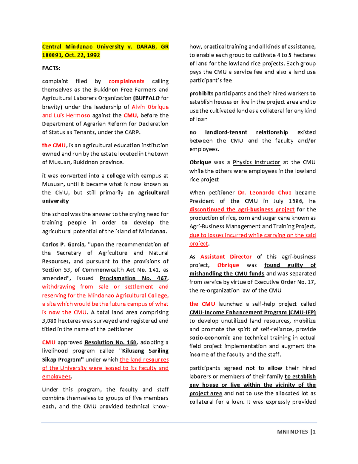 Case Digest on Agrarian Law - Central Mindanao University v. DARAB, GR ...