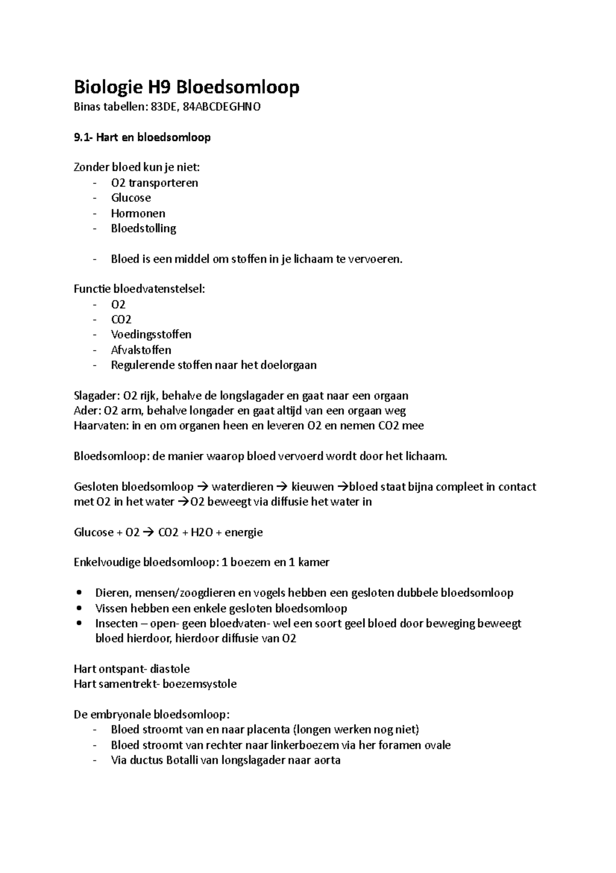 Biologie H9 bloedvatenstelsel - Biologie H9 Bloedsomloop Binas tabellen ...