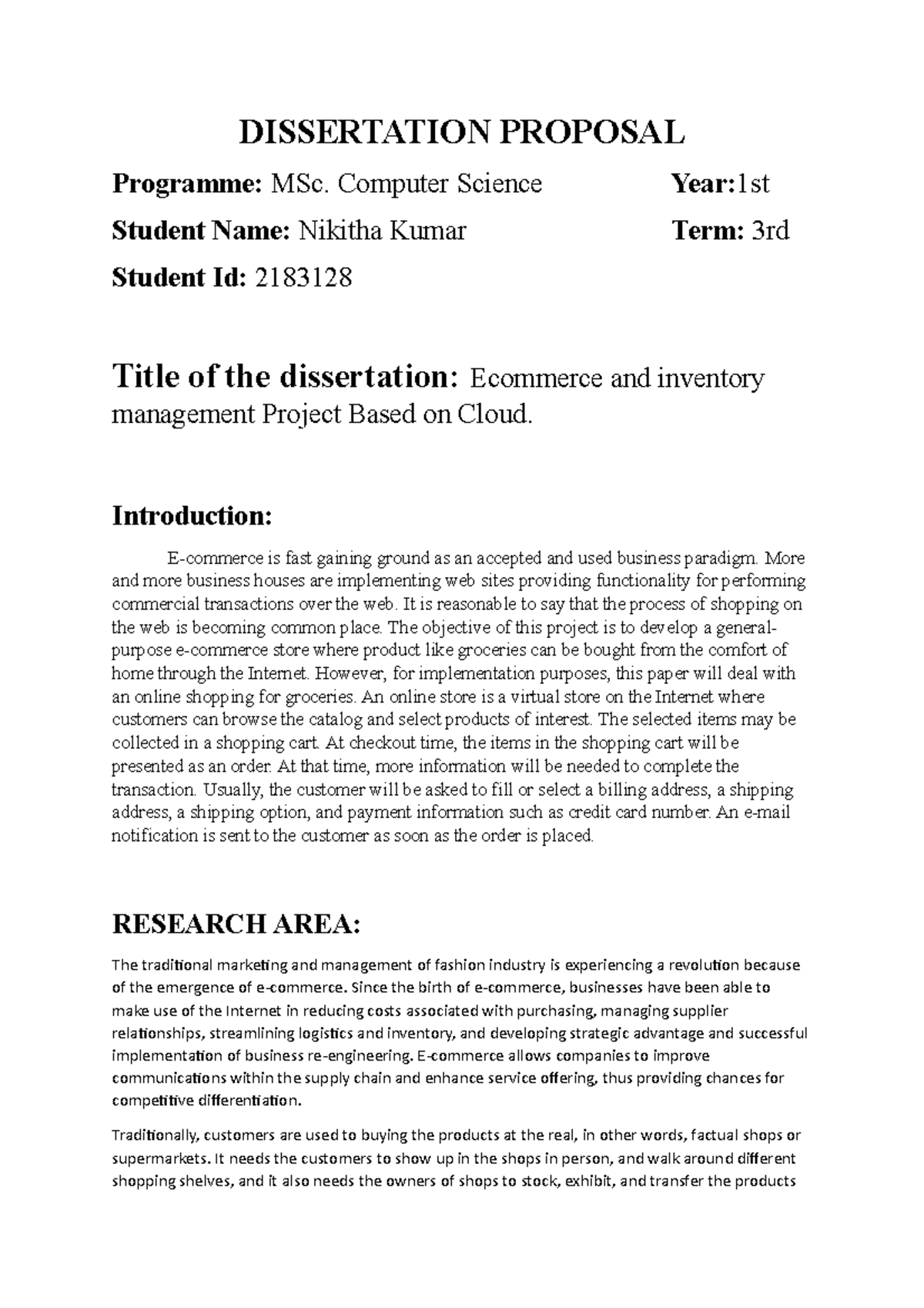 E-Comm Site Proposal - DISSERTATION PROPOSAL Programme: MSc. Computer ...