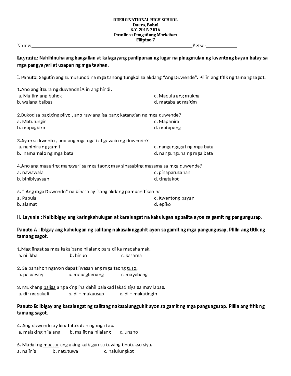 319974536 3rd Periodical Exam in Filipino 7 - DUERO NATIONAL HIGH ...