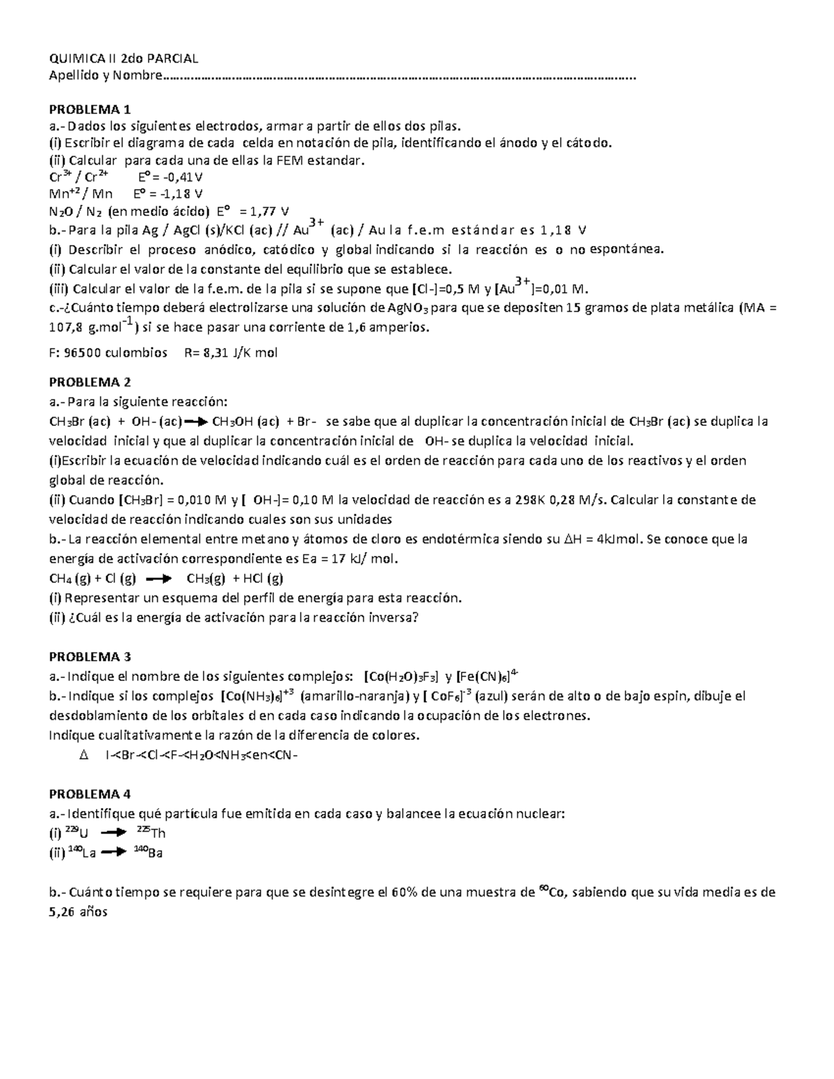 Modelo-2do- Parcial - QUIMICA II 2do PARCIAL Apellido y - Studocu