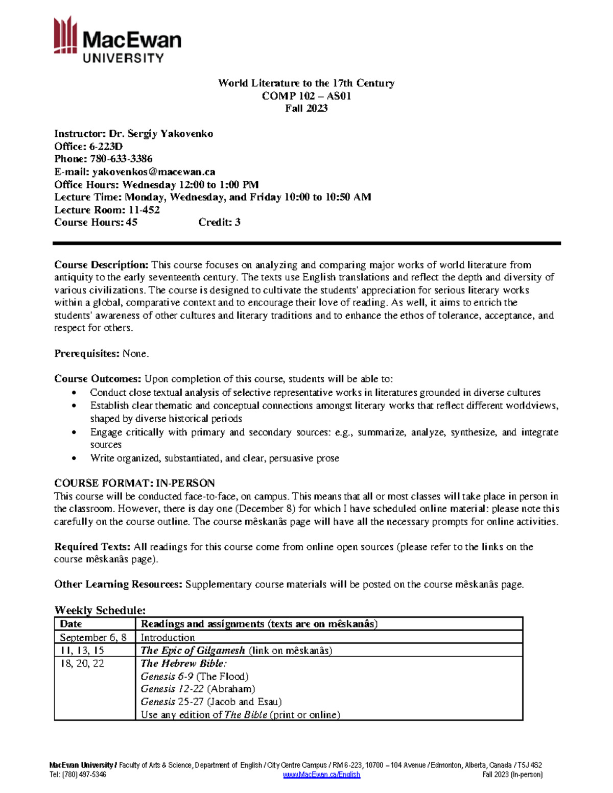 Comp 102 syllabus - MacEwan University / Faculty of Arts & Science, Department of English / City ...