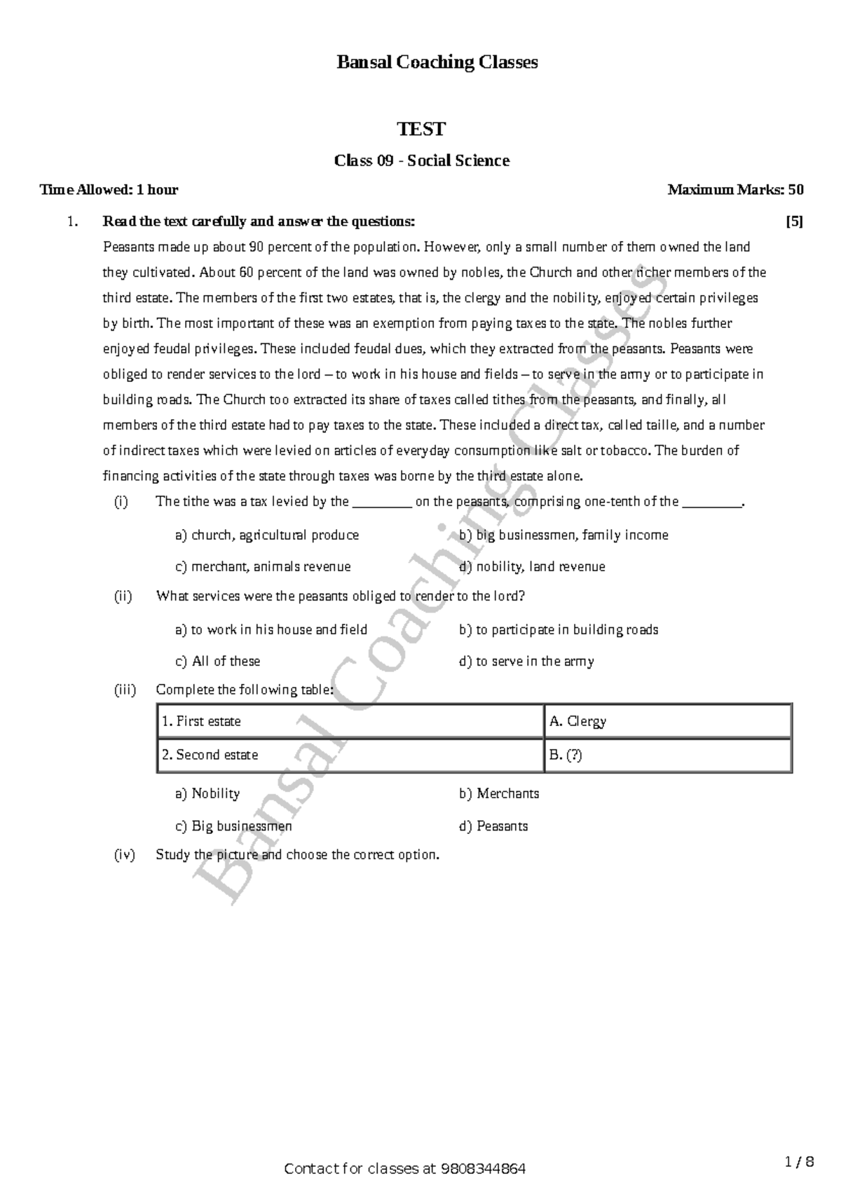 IX Test MCQ 1 chapters - Bansal Coaching Classes Time Allowed: 1 hour ...