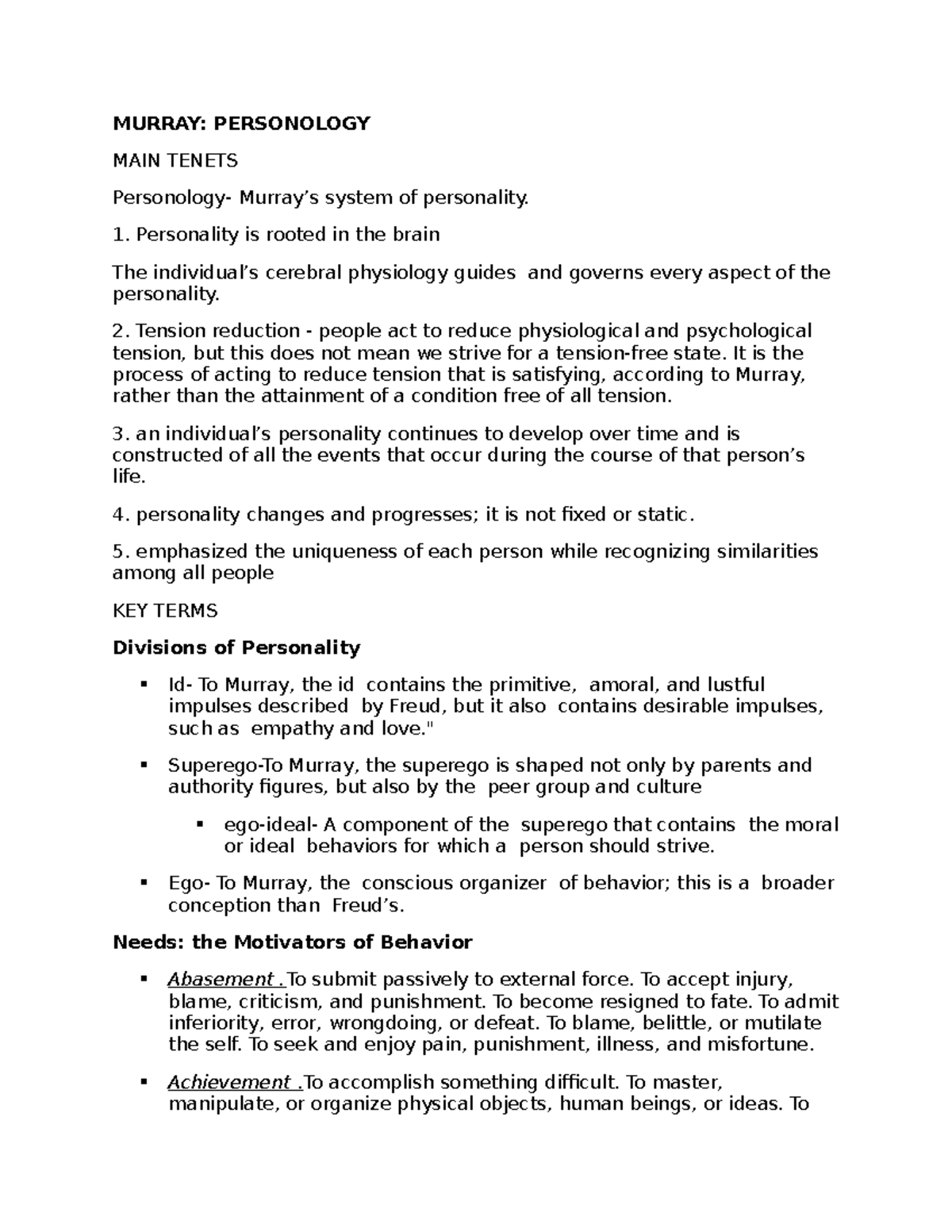 Murray - Personology - TOP - MURRAY: PERSONOLOGY MAIN TENETS ...