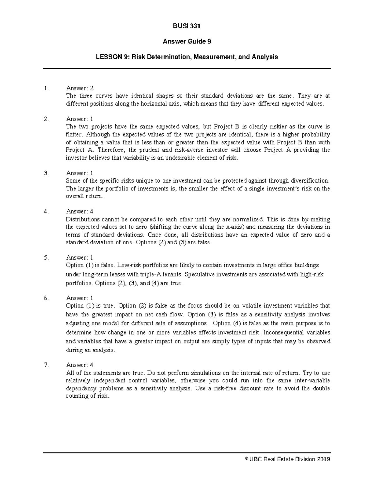 Assignview 9 - Assignment - BUSI 331 Answer Guide 9 LESSON 9: Risk Determination, Measurement ...