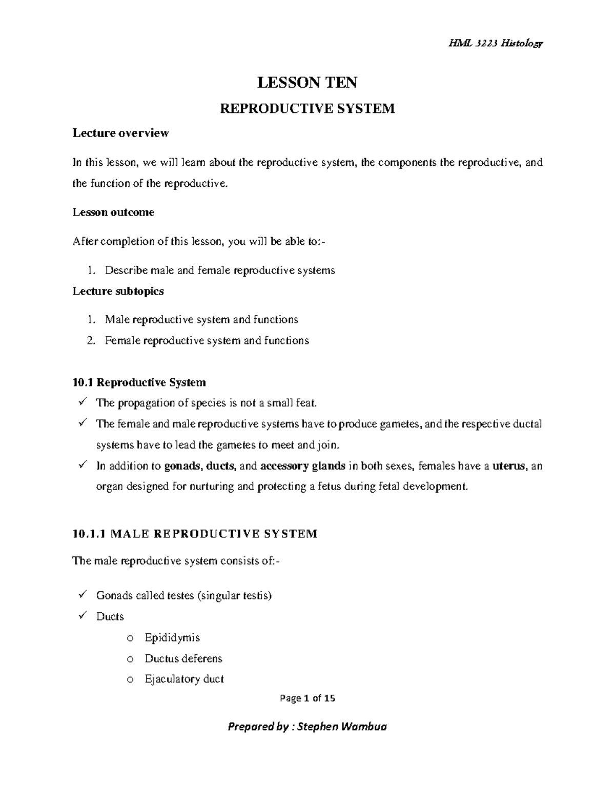 Lesson 10 Reproductive System - Page 1 of 15 LESSON TEN REPRODUCTIVE ...