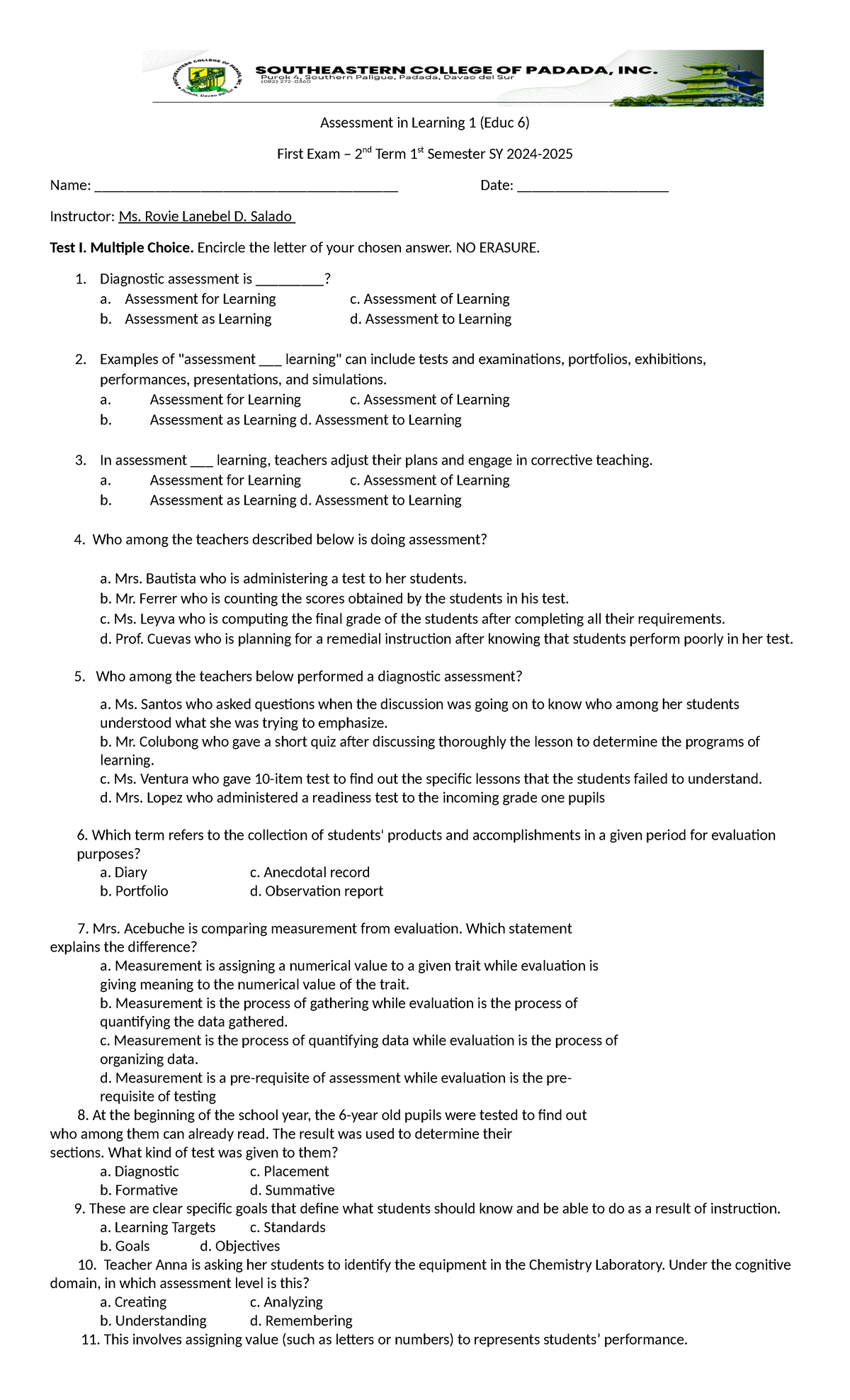 TQ 1st term examination - Assessment in Learning 1 (Educ 6) First Exam ...