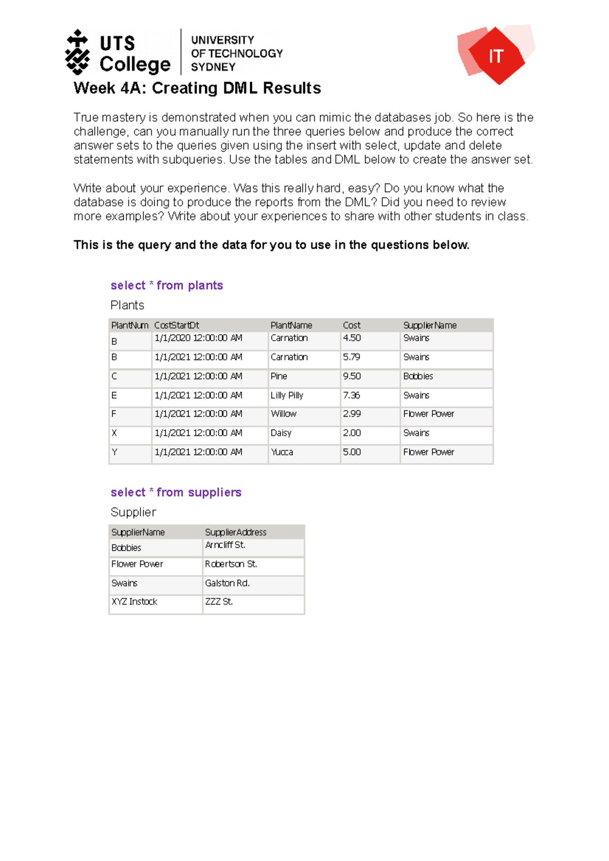 Week 4A - Creating DML Results - Week 4A: Creating DML Results True mastery is demonstrated when ...