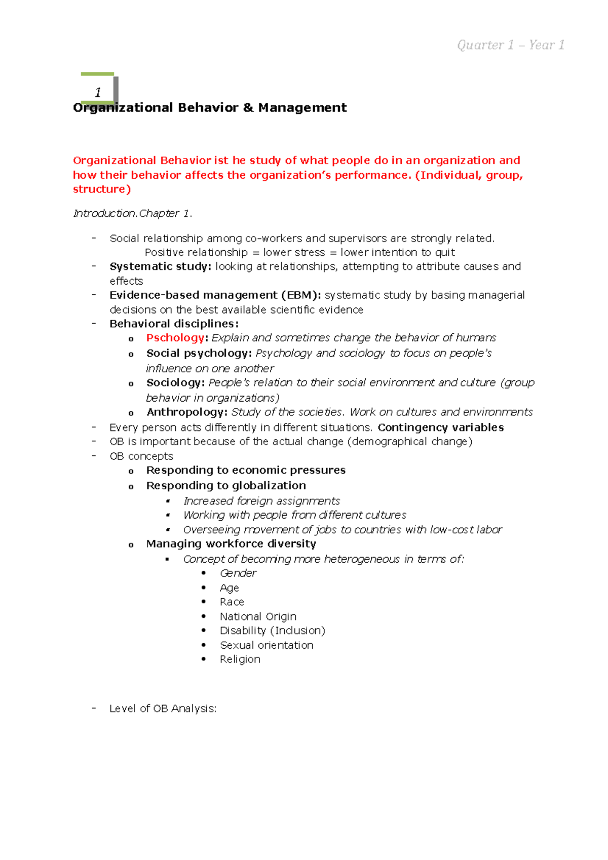 OBM-preparation - 1 Organizational Behavior & Management Organizational ...
