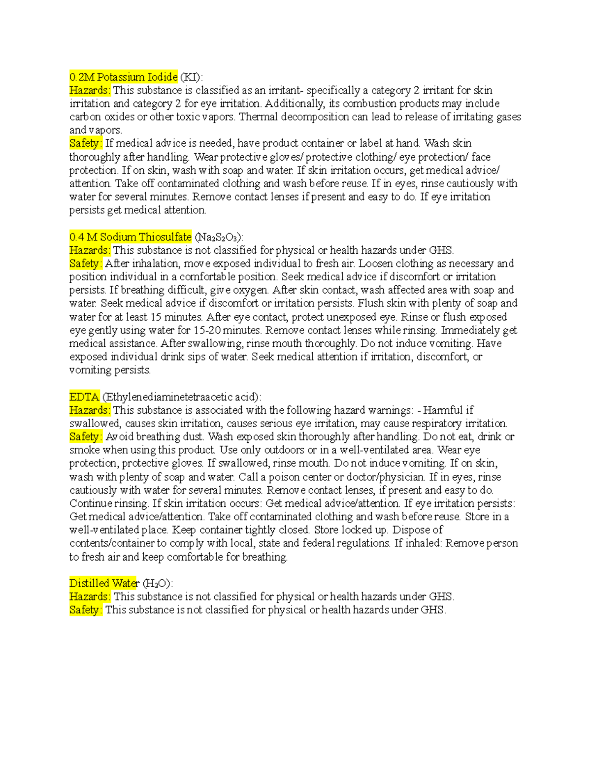 Lab 3 MSDS Portion of the Lab - 0 Potassium Iodide (KI): Hazards: This ...