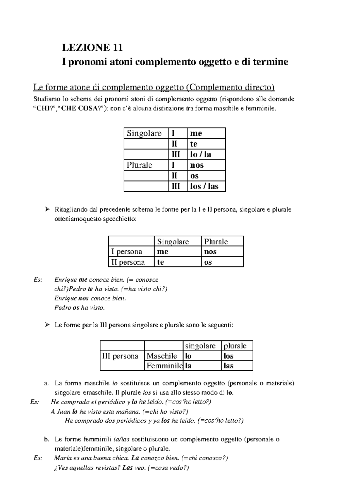 Appunti spagnolo secondo semestre - LEZIONE 11 I pronomi atoni ...