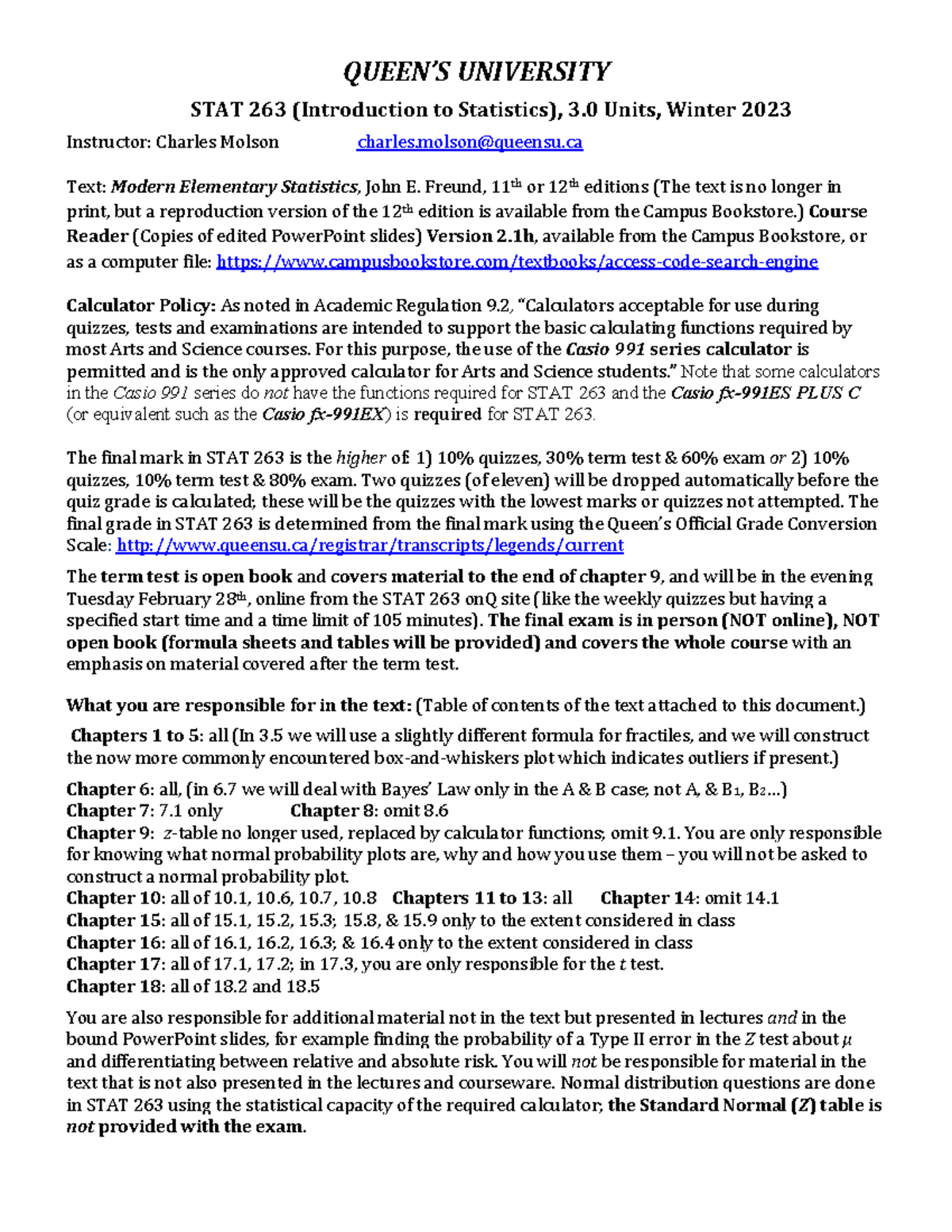 Course Outline Winter 20231 - QUEEN’S UNIVERSITY STAT 263 (Introduction ...