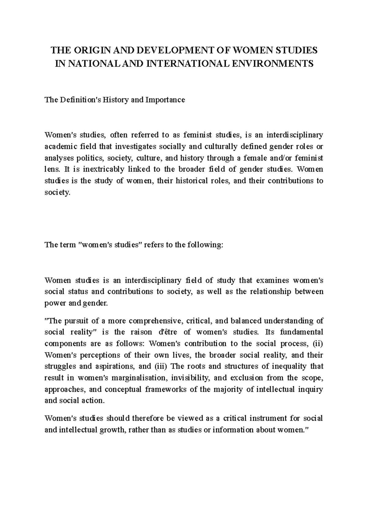 THE Origin AND Development OF Women Studies IN National AND ...