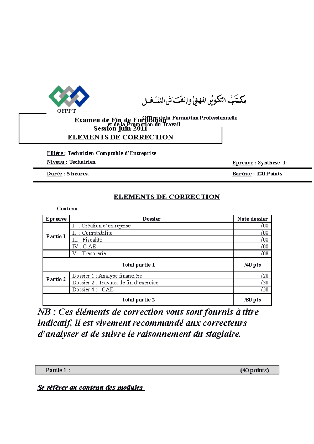 Corrige TCE T FF Synthese V1 - Elements de correction Direction de la ...