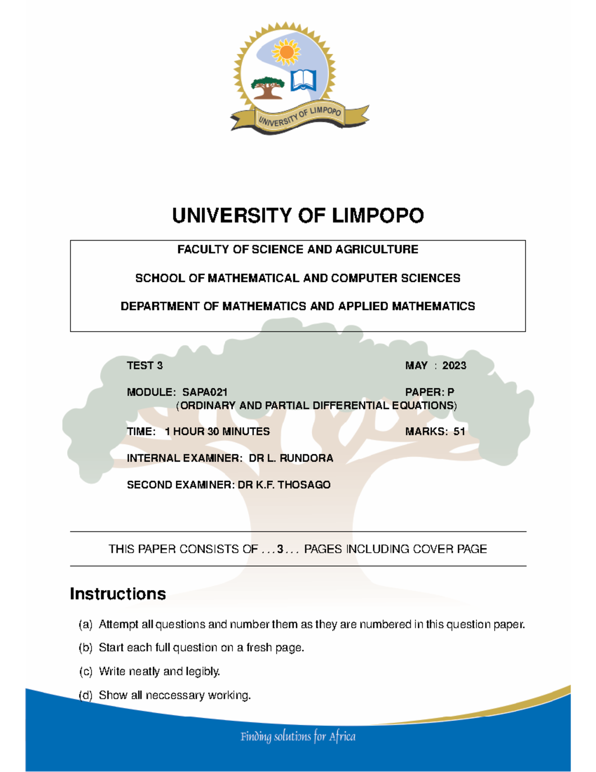 SAPA021 Test3-2023-1 - past papers - UNIVERSITY OF LIMPOPO FACULTY OF ...