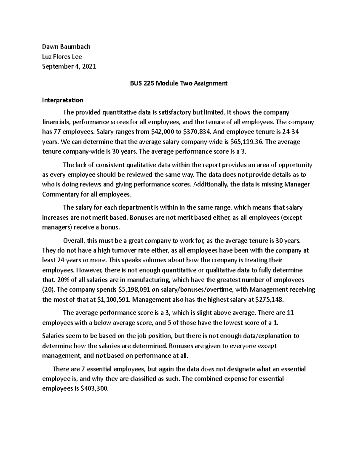 BUS225 Module Two Assignment Dawn Baumbach - Dawn Baumbach Luz Flores ...