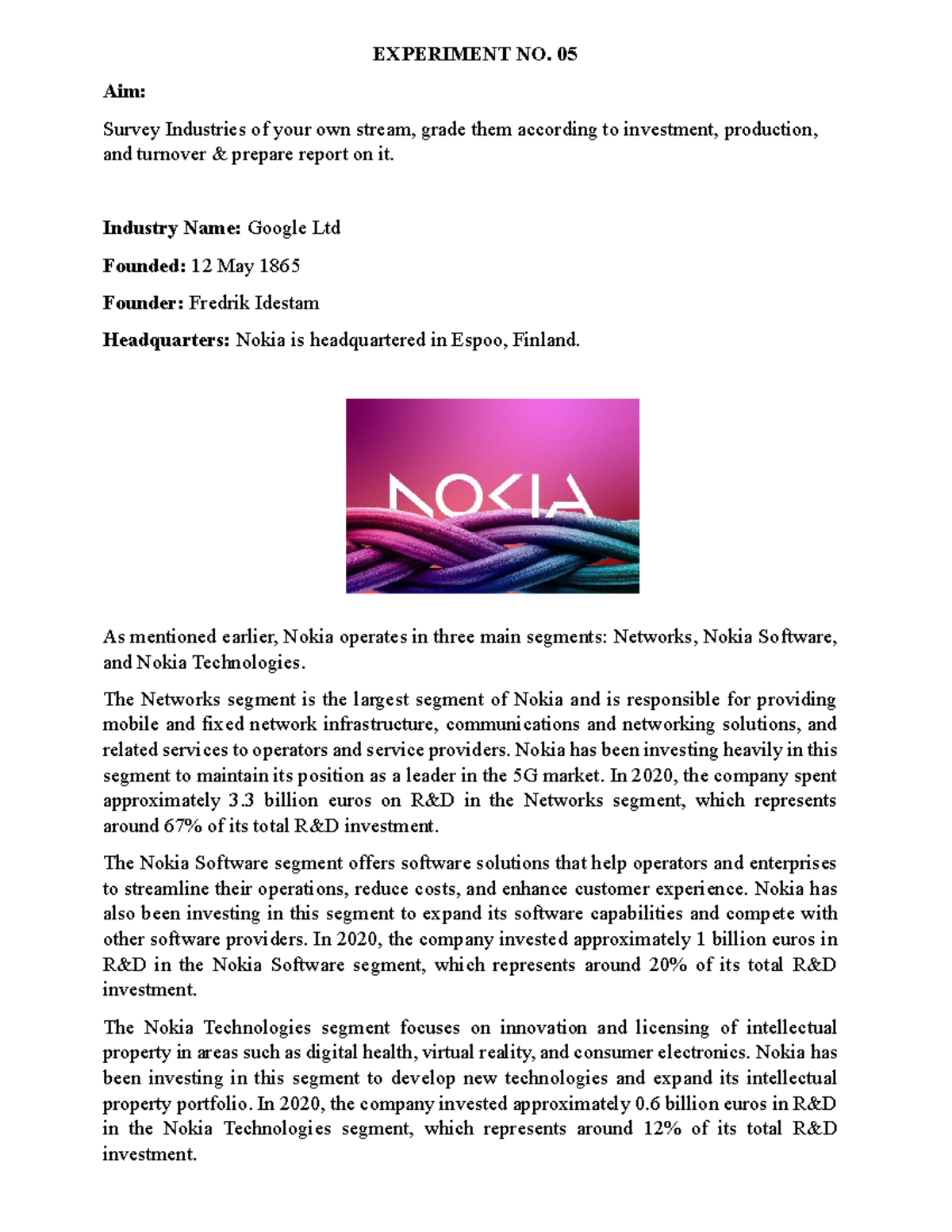 EXP NO 05 NAMS - anonymous - EXPERIMENT NO. 05 Aim: Survey Industries of your own stream, grade ...