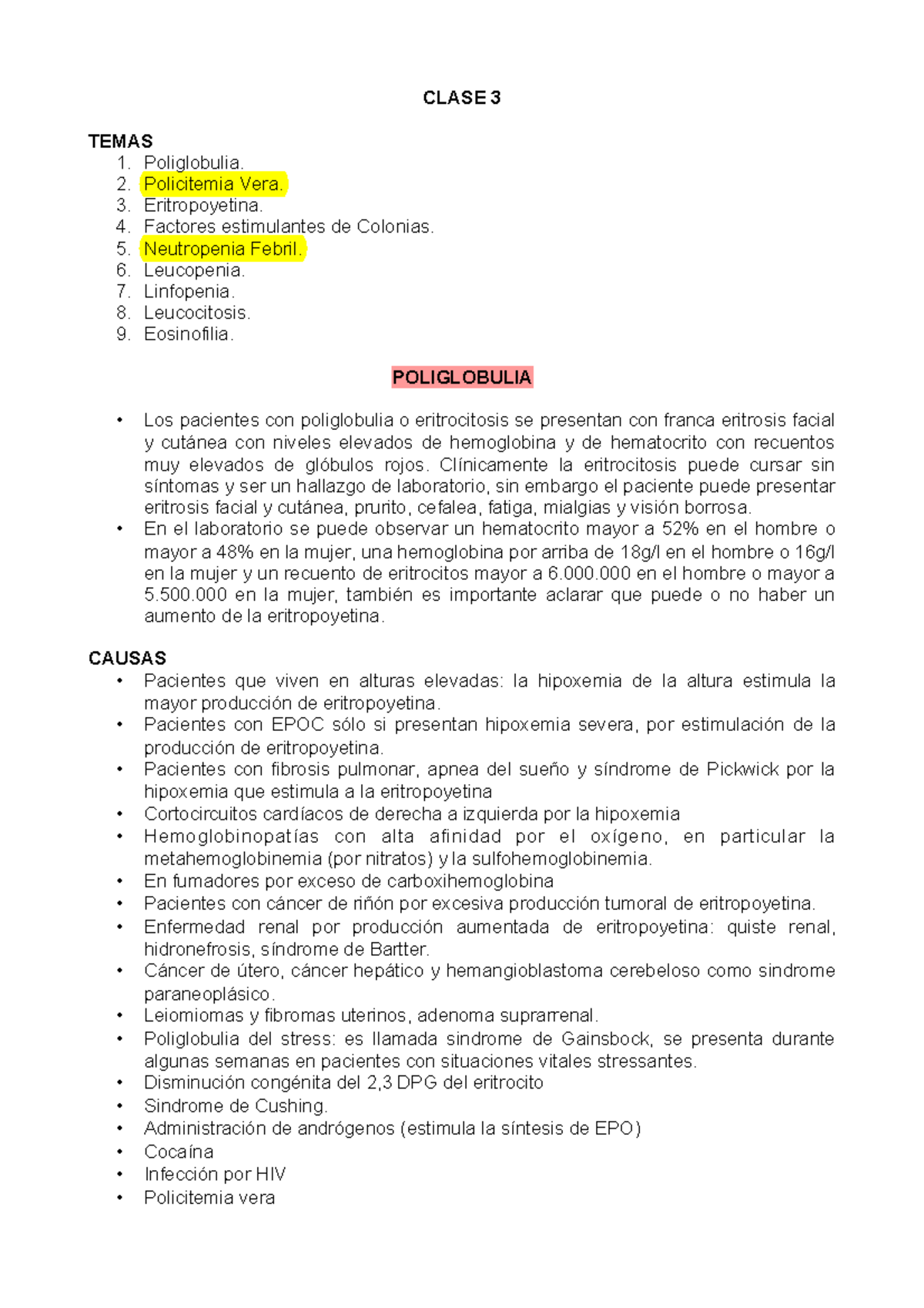 3. Hematología Clase 3 UBA - NO - CLASE 3 TEMAS 1. Poliglobulia. 2 ...