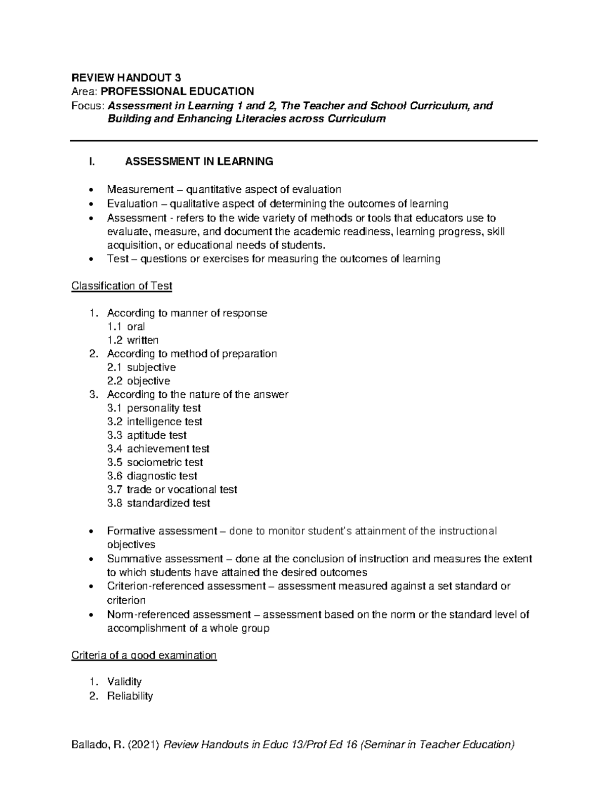 Prof Ed Review Handout 3 - REVIEW HANDOUT 3 Area: PROFESSIONAL ...