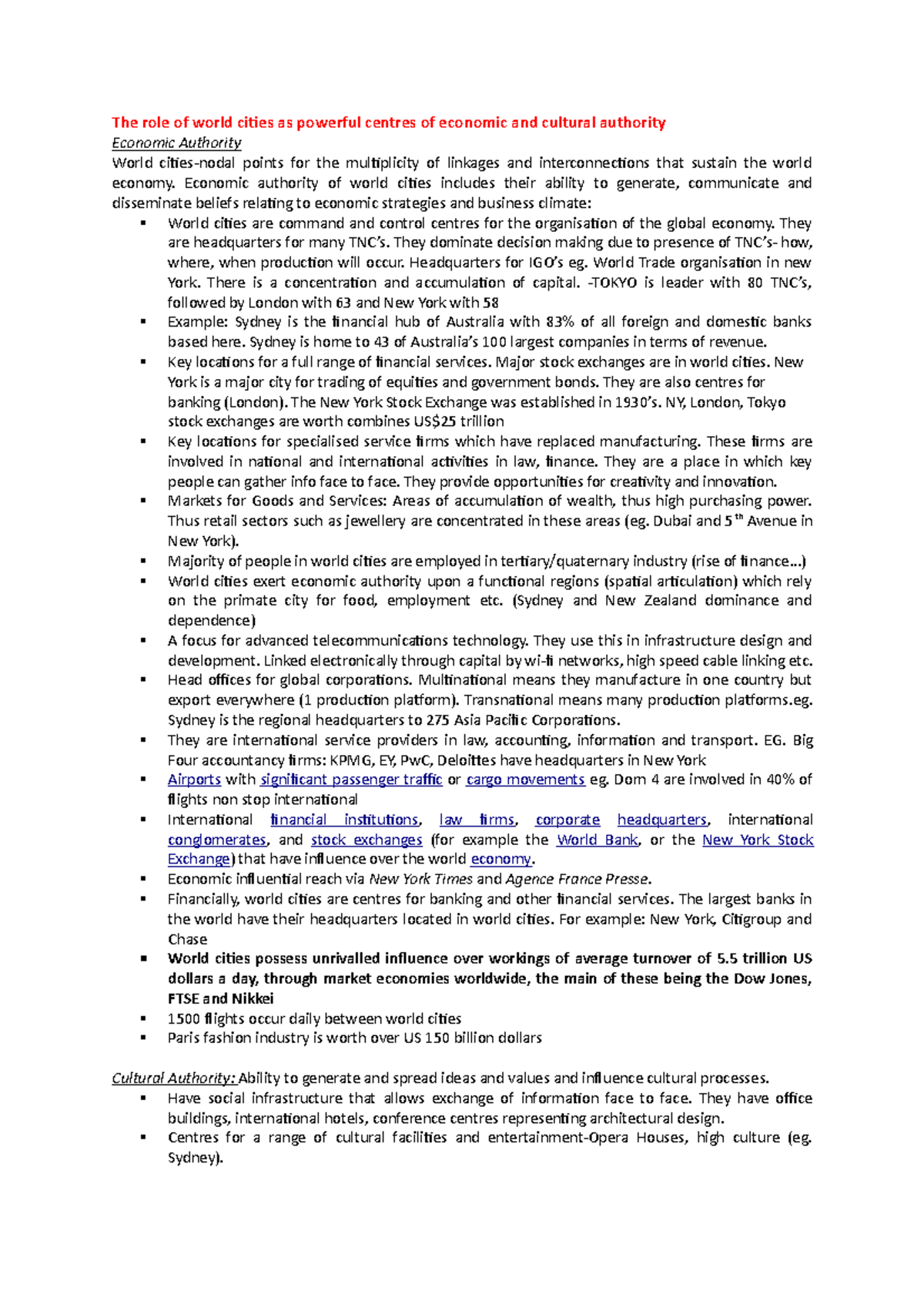 HSC Geography Urban Places Module 2 - The role of world cities as ...