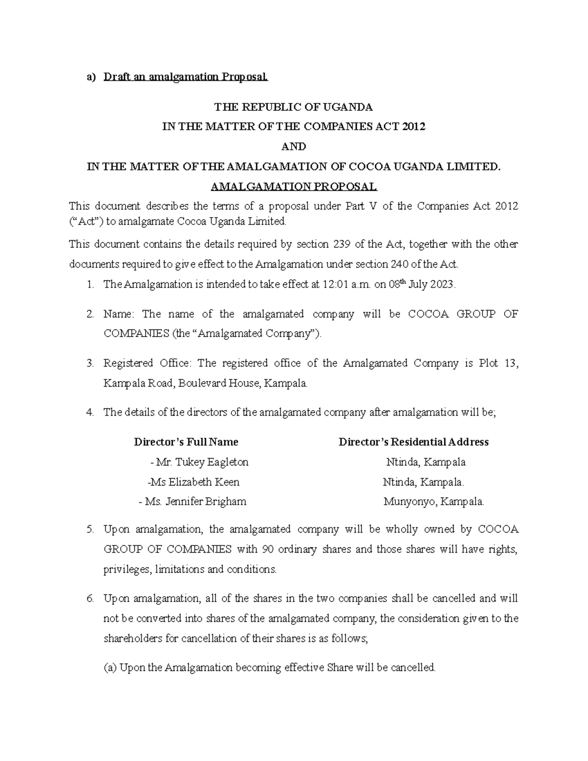 Amalgamation Proposal - THE REPUBLIC OF UGANDA IN THE MATTER OF THE ...
