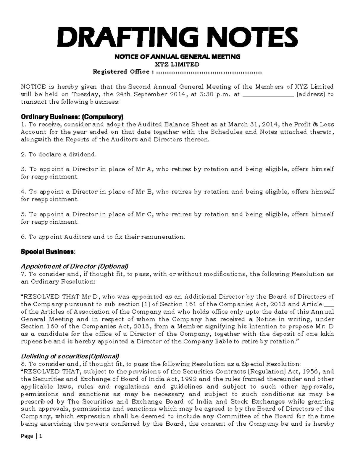 Drafting - DRAFTING NOTES NOTICE OF ANNUAL GENERAL MEETING XYZ LIMITED ...