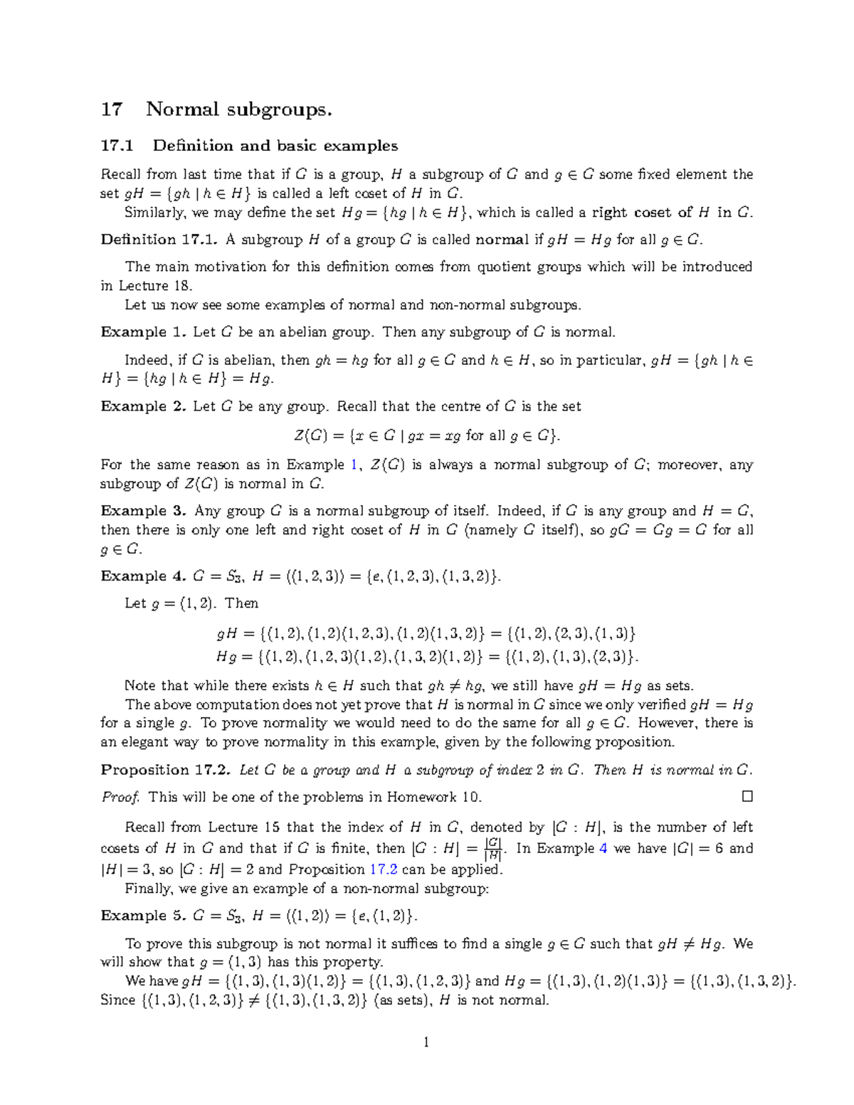 Lecture 17 - Class Notes - 17 Normal subgroups. 17 Definition and basic ...