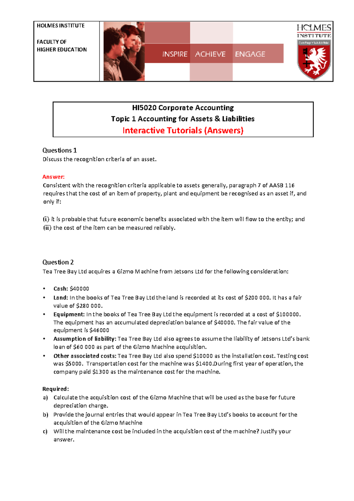 Topic 1 ANS - TUTORIAL - HOLMES INSTITUTE FACULTY OF HIGHER EDUCATION HI5020 Corporate ...