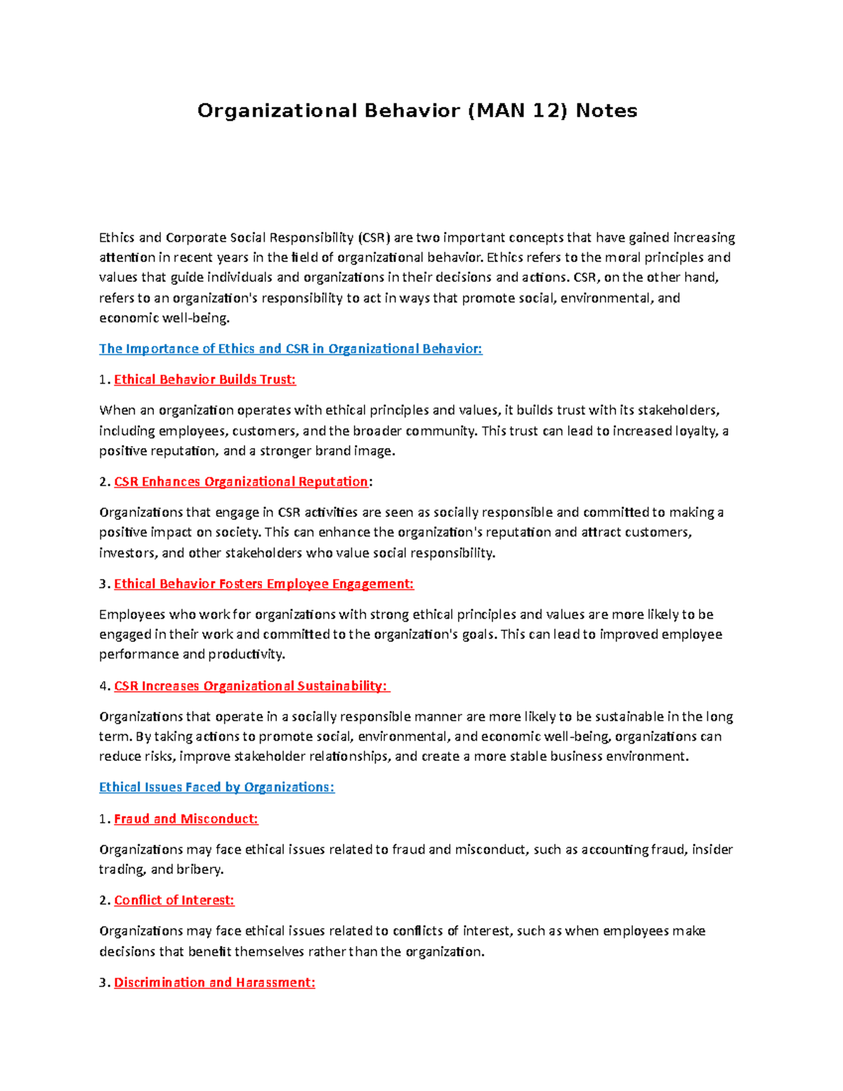 Organizational Behavior (MAN 12) Notes 12 - Organizational Behavior ...