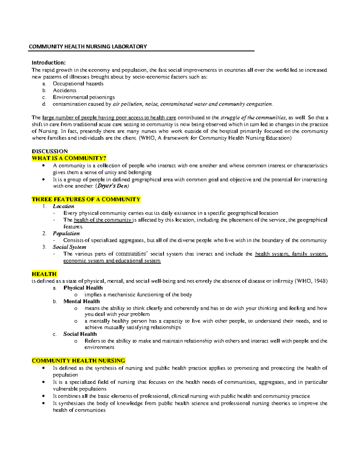Community Health Nursing Laboratory Notes - Module 1 - COMMUNITY HEALTH ...