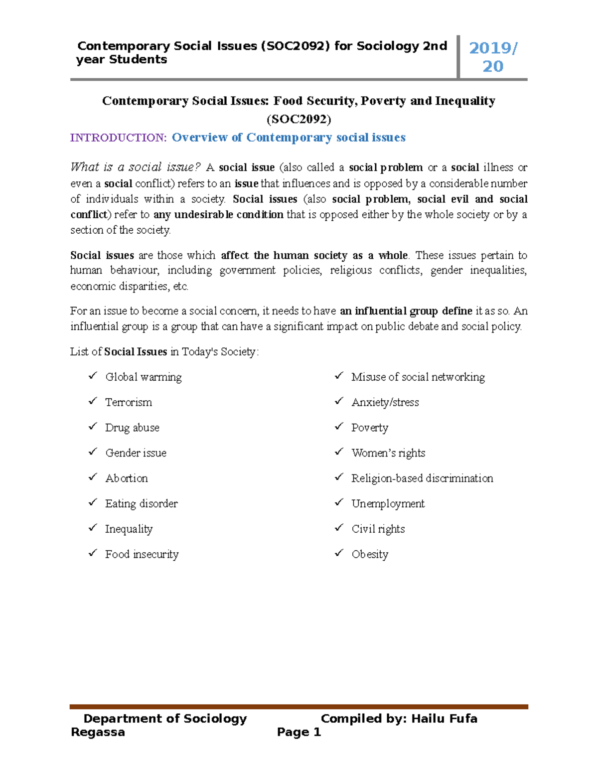 Handout Contemporary Social Issues - year Students 2019/ 20 ...