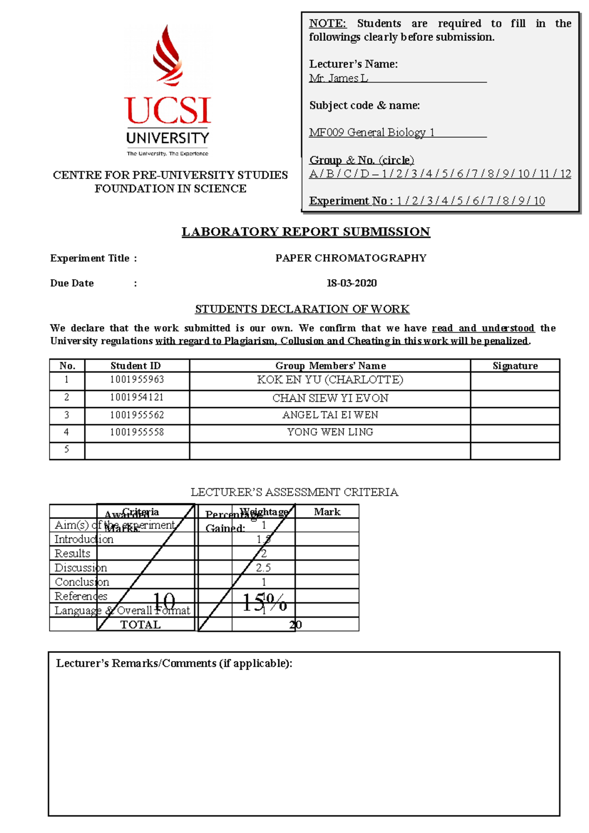 Biology Lab Report- Experiment 8 - LABORATORY REPORT SUBMISSION ...