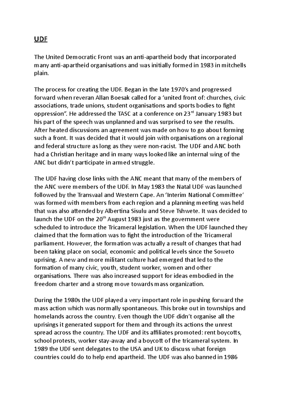 UDF factfile - UDF The United Democratic Front was an anti-apartheid ...