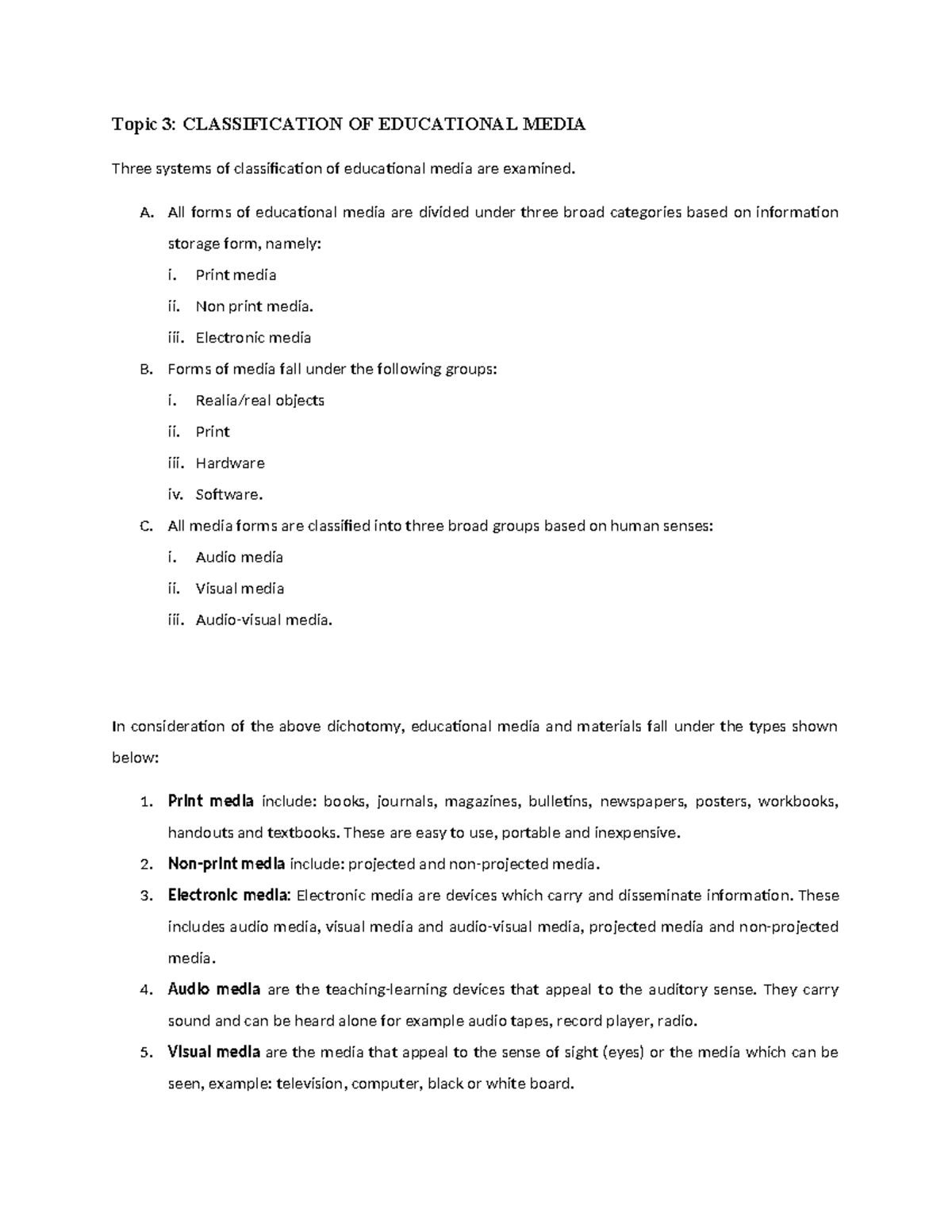 Topic 3 notes - Topic 3: CLASSIFICATION OF EDUCATIONAL MEDIA Three ...