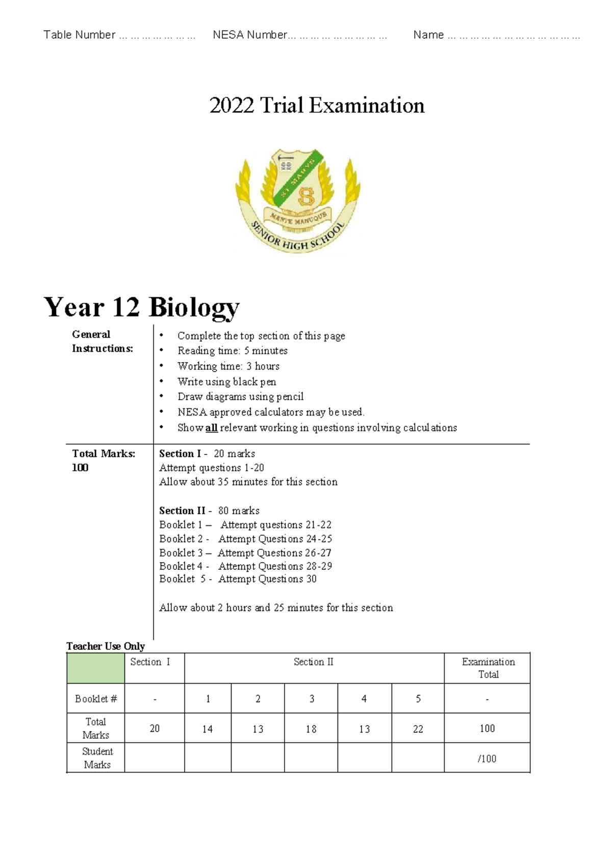 HSC Bio 2022 Trial Final (1) (1) - Table Number ...