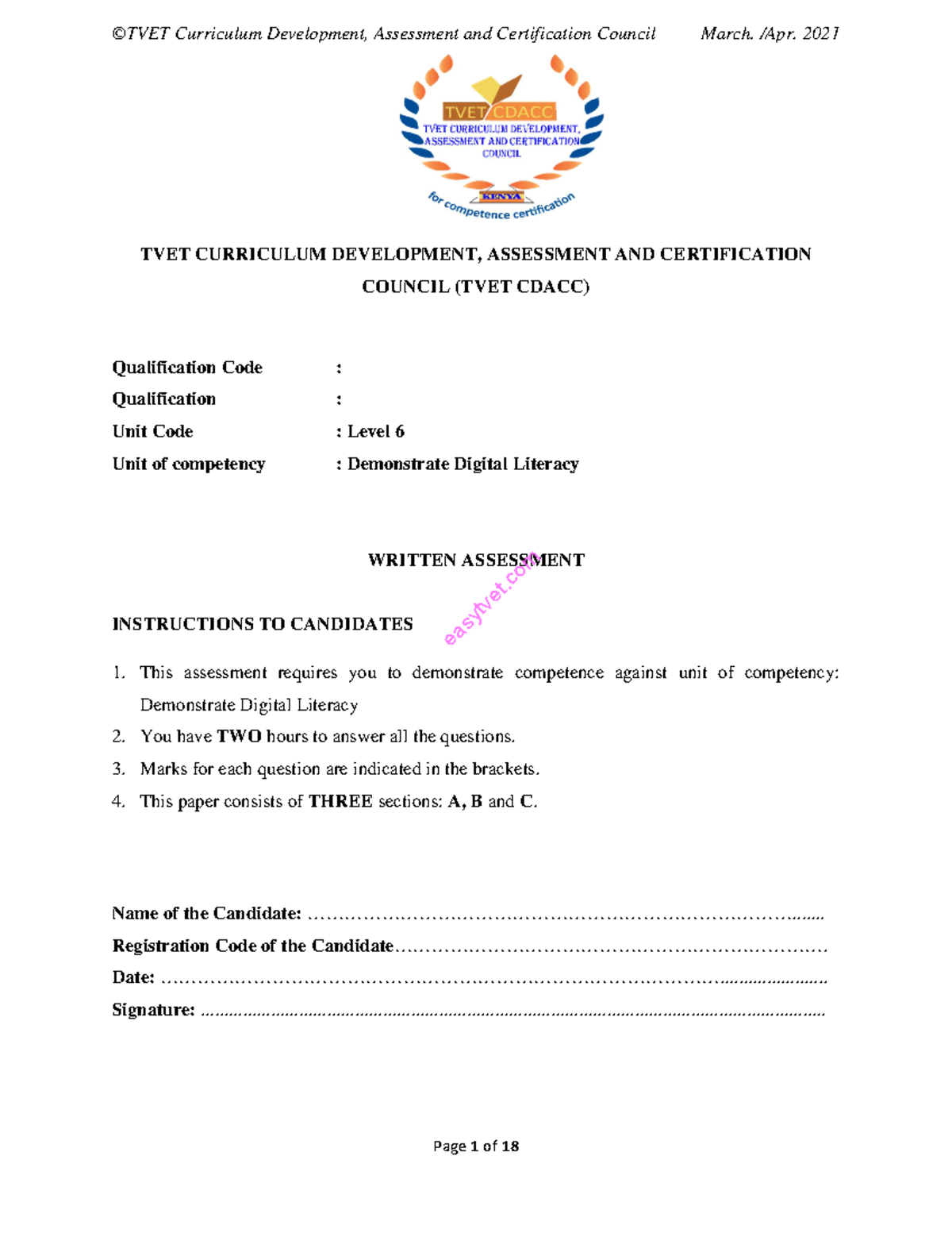 2021m - Notes - TVET CURRICULUM DEVELOPMENT, ASSESSMENT AND ...