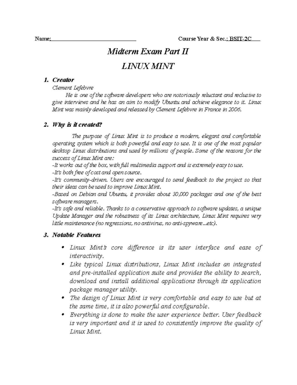 Midterm Exam Partii - Name: Course Year & Sec.: BSIT-2C Midterm Exam ...