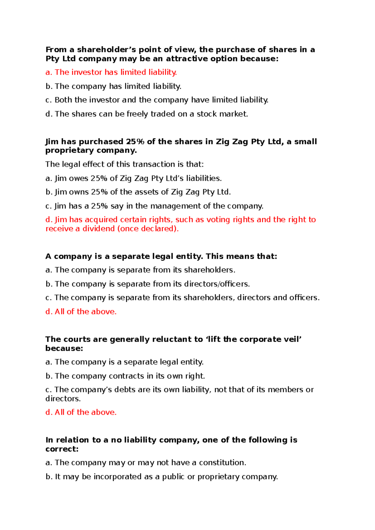 BLAW2006 MCQ questions - From a shareholder’s point of view, the ...