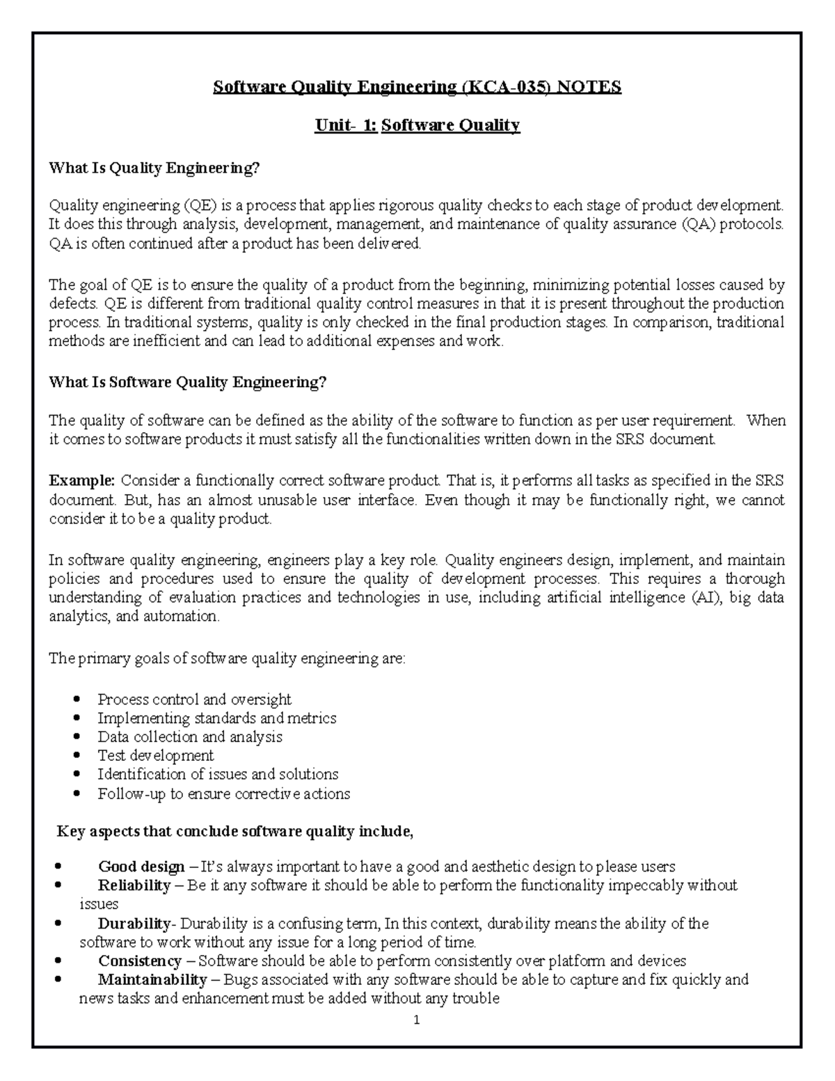 UNIT-1 - notes - Software Quality Engineering (KCA-035) NOTES Unit- 1 ...