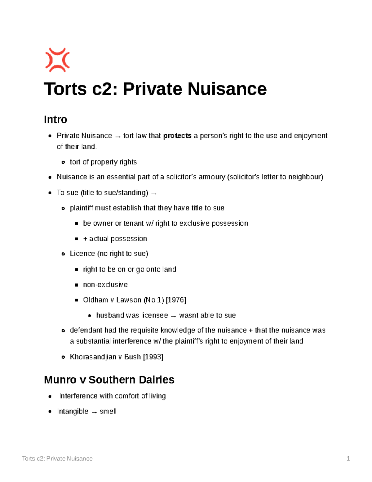 Torts c2 Private Nuisance - tort of property rights Nuisance is an ...