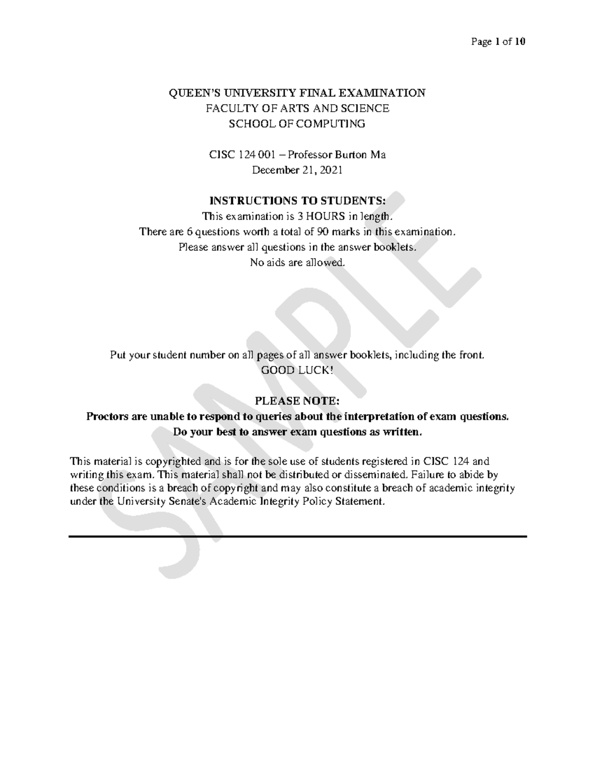 Exam-sample 1 - test - QUEEN’S UNIVERSITY FINAL EXAMINATION FACULTY OF ...