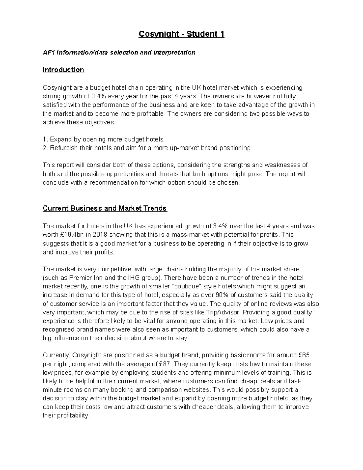 Cosynight Case Study - Student 1 - Cosynight - Student 1 AF1 ...
